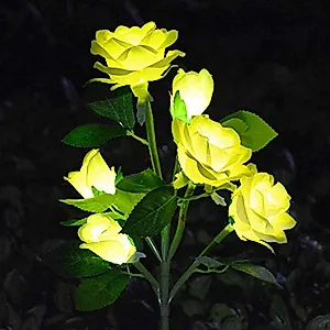 [Upgraded 6 Flowers]Solar Powered Artificial Rose Flower Lights,Waterproof Outdoor Garden Accent Lighting for Summer Country Field Yard Pathway Balcony Memorial Cemetery Gravesite Decorations, Yellow