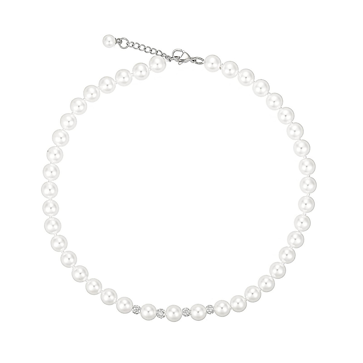 LZMEI White 8mm Glass Pearls Necklace Bracelet Earring Jewelry 3 Set Wholesale for Women Girls (14.5inch)