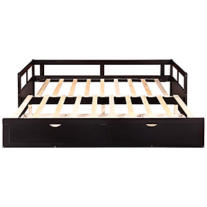 Extendable Daybed with Trundle Bed and Two Storage Drawers, Wooden Storage Daybed, Twin to King Design Extending Bed for Kids Teens Adult, No Box Spring Required (Espresso)