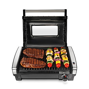 Hamilton Beach Electric Indoor Searing Grill with Adjustable Temperature Control to 450F, 118 sq. in. Surface Serves 6, Removable Nonstick Grate, Viewing Window, Stainless Steel