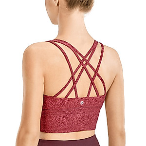 CRZ YOGA Women's Strappy Longline Sports Bras - Wirefree Padded Medium Impact Workout Crop Tank Top Impression Red Medium