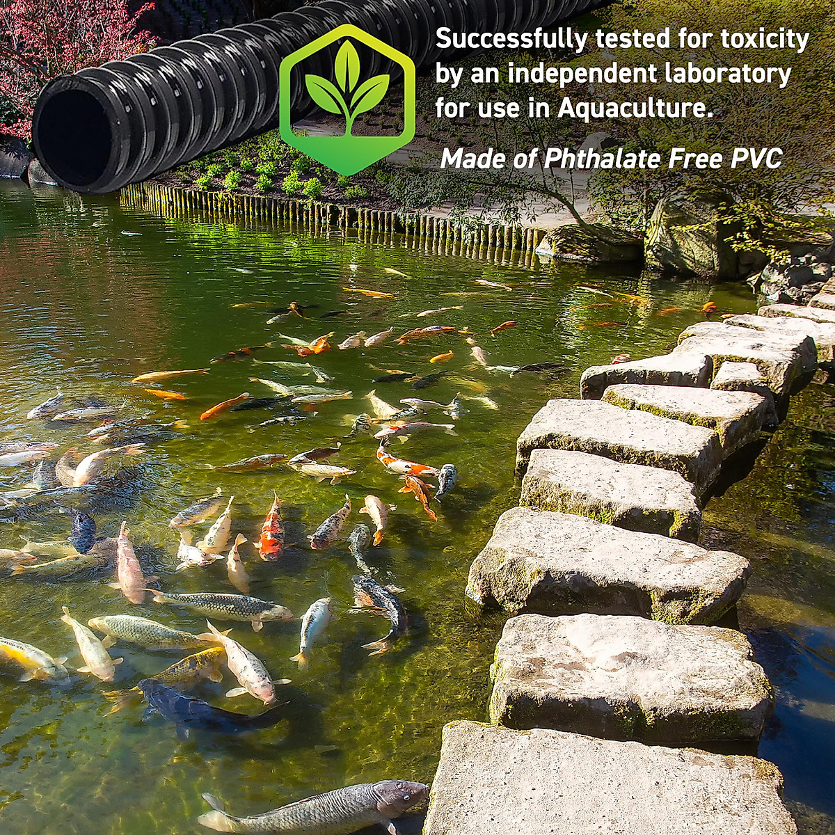 Sealproof Kinkproof 1-1/2" Dia Waterfall, Pond Tubing, 1-1/2-Inch ID, 20 FT, Black Corrugated PVC Strong Flexible Tubing, Made in USA