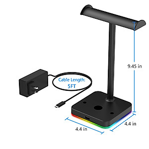 KAFRI RGB Dual Headphone Stand with Wireless Charger Desk Gaming Double Headset Holder Hanger Rack with 10W/7.5W QI Charging Pad and QC 3.0 USB Port - Suitable for Gamer Desktop Table Game Earphone