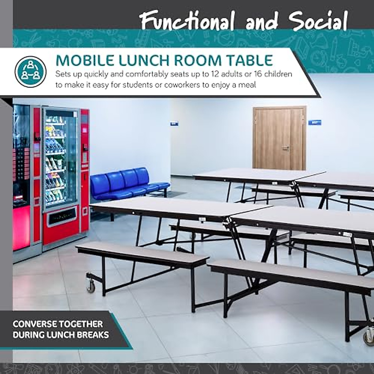 Learniture Mobile Bench Cafeteria Table for Schools and Lunch Rooms, Heavy-Duty Rolling Cafeteria Table with Benches and Casters, Gray/Black