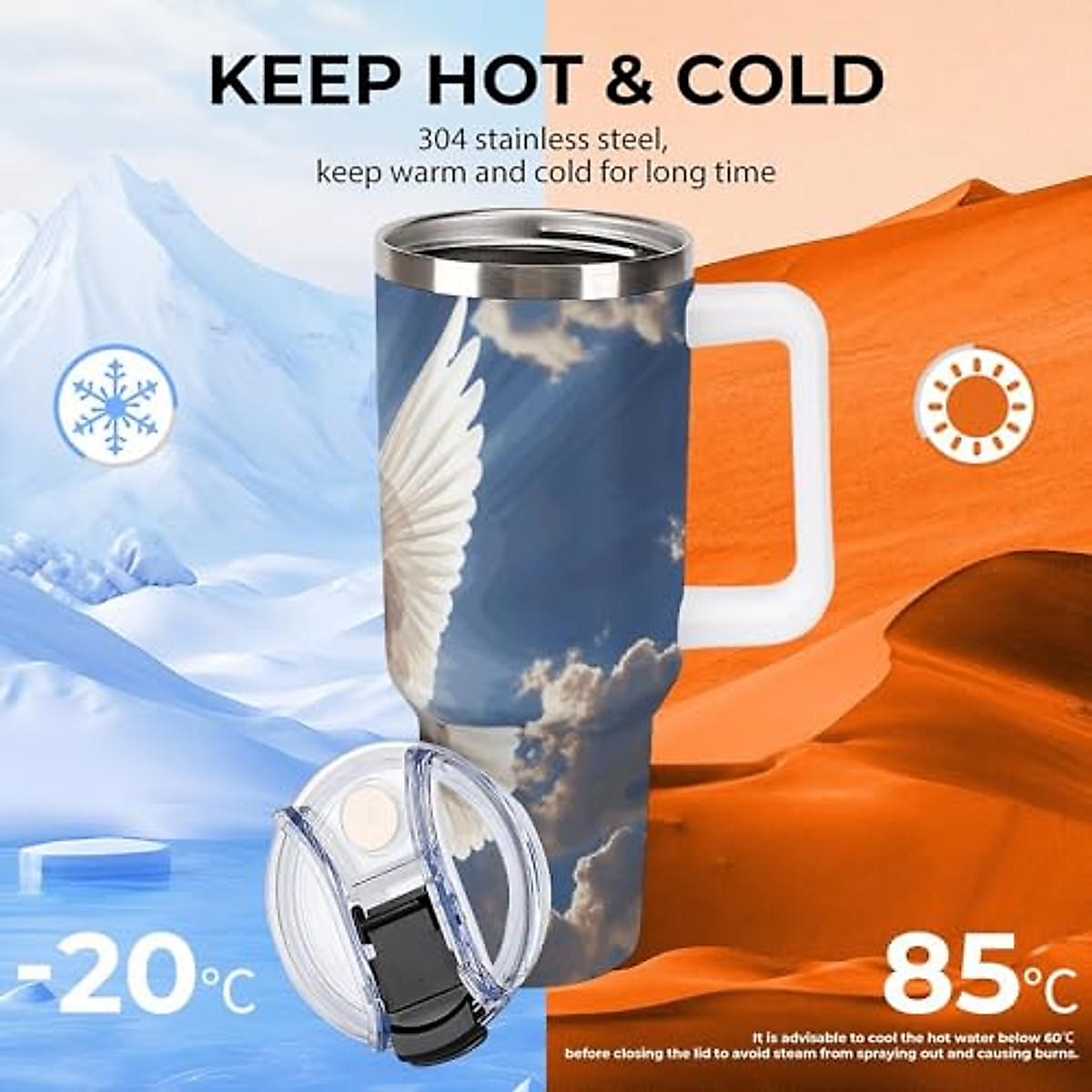 LLUTSNTH 40 Oz Vacuum Tumbler with White Handle Leakproof Insulated Tumbler Dove Sky Stainless Steel Travel Mug with Lid And Straw Coffee Cup Cute Water Bottles Cup Holder Friendly