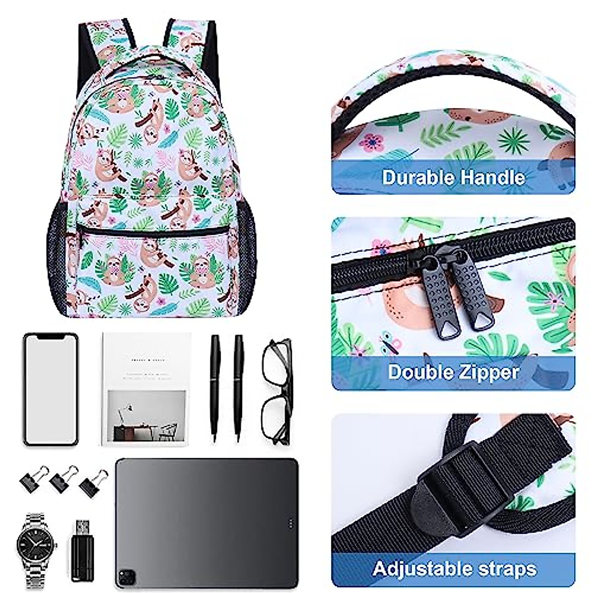 Lopevctor Sloth Backpack Set for Boys Girls, Kids Sloth Backpack for School with Lunch Bag and Stickers, Cute Sloth Bookbag School Bag Set for Students