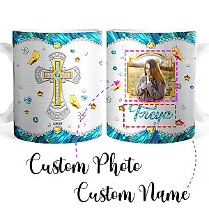 White Ceramic Coffee Mug Photo Mugs Personalized Picture Christian Custom Name Faith Birthday Gifts For Women Mom Mothers Day Novelty Tea Cup Table Desk Jewelry Style 11 and 15 Oz