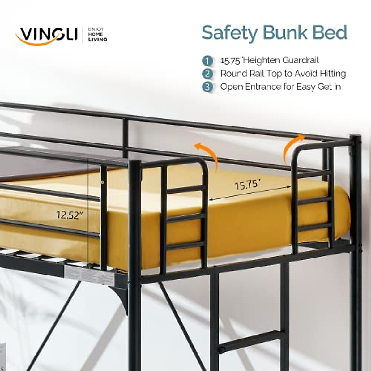 VINGLI Twin Loft Bed with Stairs, Metal Loft Bunk Bed with Safety Guard Rails & Flat Ladder Rung/Rubber Cover for Kids Teens Adults, Black