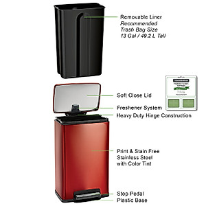 Tramontina Stainless Steel Rectangular Step Can Freshener System, Trash Can (Cranberry Red, 13-Gallon)
