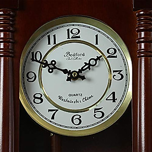 Bedford Clock Collection Classic Chiming Wall Clock with Swinging Pendulum in Cherry Oak Finish, 4.75" L x 11.75" W x 27.50" H