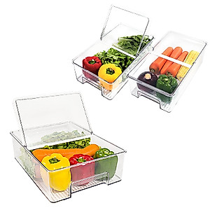 elabo Food Storage Containers Fridge Produce Saver- Stackable Refrigerator Organizer Keeper Drawers Bins Baskets with Lids and Removable Drain Tray for Veggie, Berry and Fruits