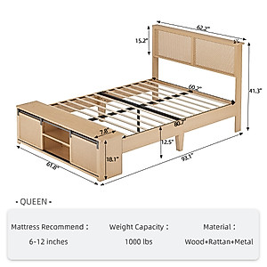 GarveeHome Natural Rattan Queen Size Bed Frame with Sliding Barn Door Storage Cabinets and LED Light Headboard, Boho Farmhouse Wood Platform Bed with Solid Wood Legs Support, No Box Spring Needed