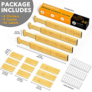 SpaceAid Bamboo Drawer Dividers with Inserts and Labels, Kitchen Adjustable Drawer Organizers, Expandable Organization for Home, Office, Dressers, 4 Dividers with 9 Inserts (13.25-17 in)