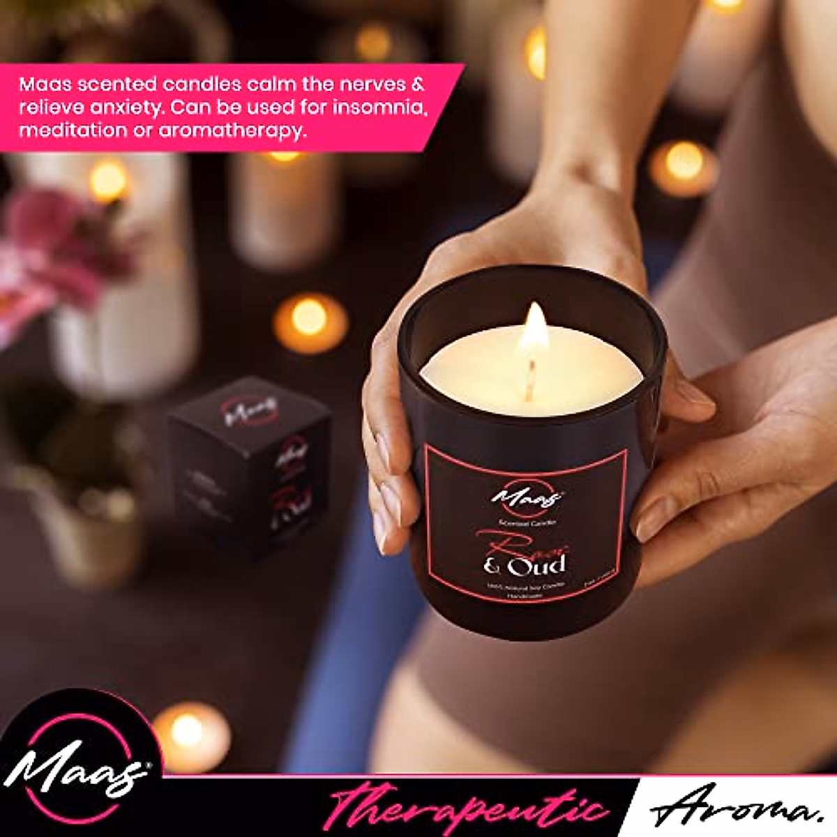 Maas Scented Handcrafted Soy Wax Candle Jar - Decorative Scented Candle - Made of Natural Soy Wax for A Clean, Long Burning Time - Relaxing Decorative Gift for Home, Birthday, Christmas - Rose & Oud