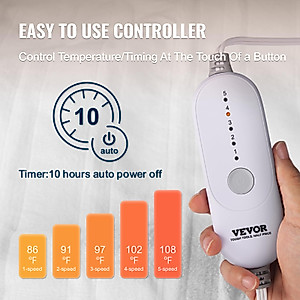 VEVOR Heated Mattress Pad, 39 x 75 in, Electric Bed Warmer with 1-5 Heat Settings Control, 10-Hour Auto Shut Off, Machine-Wash Breathable Coral Fleece Heating Electric Mattress Sheets, White