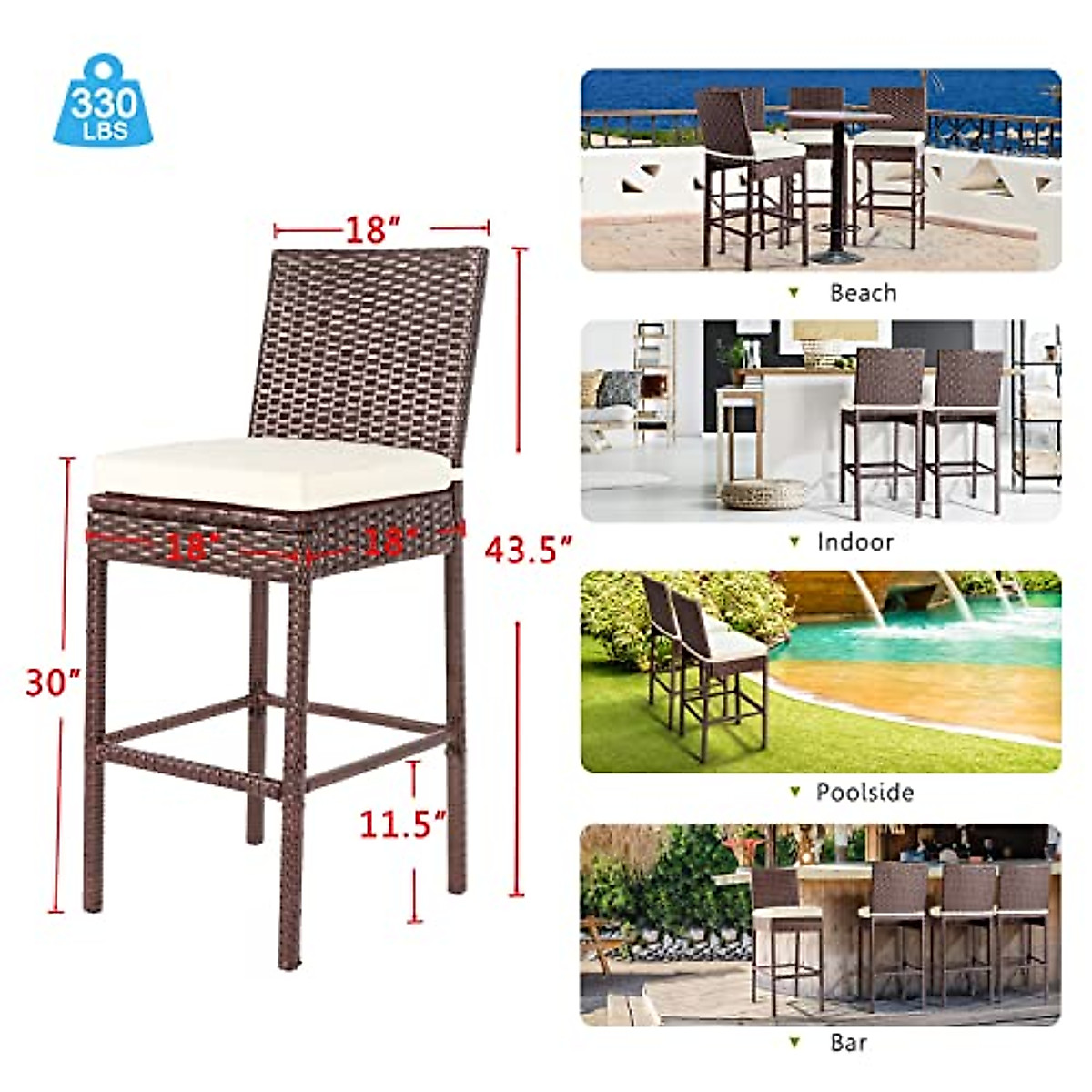 Outdoor Bar Stools Wicker Woven Patio Stools & Patio Bar Chairs Set of 4 Counter Bar Height Stools with Footrest Armless Cushion Beige All Weather Rattan Garden Stool for Pool Lawn Porch Backyard