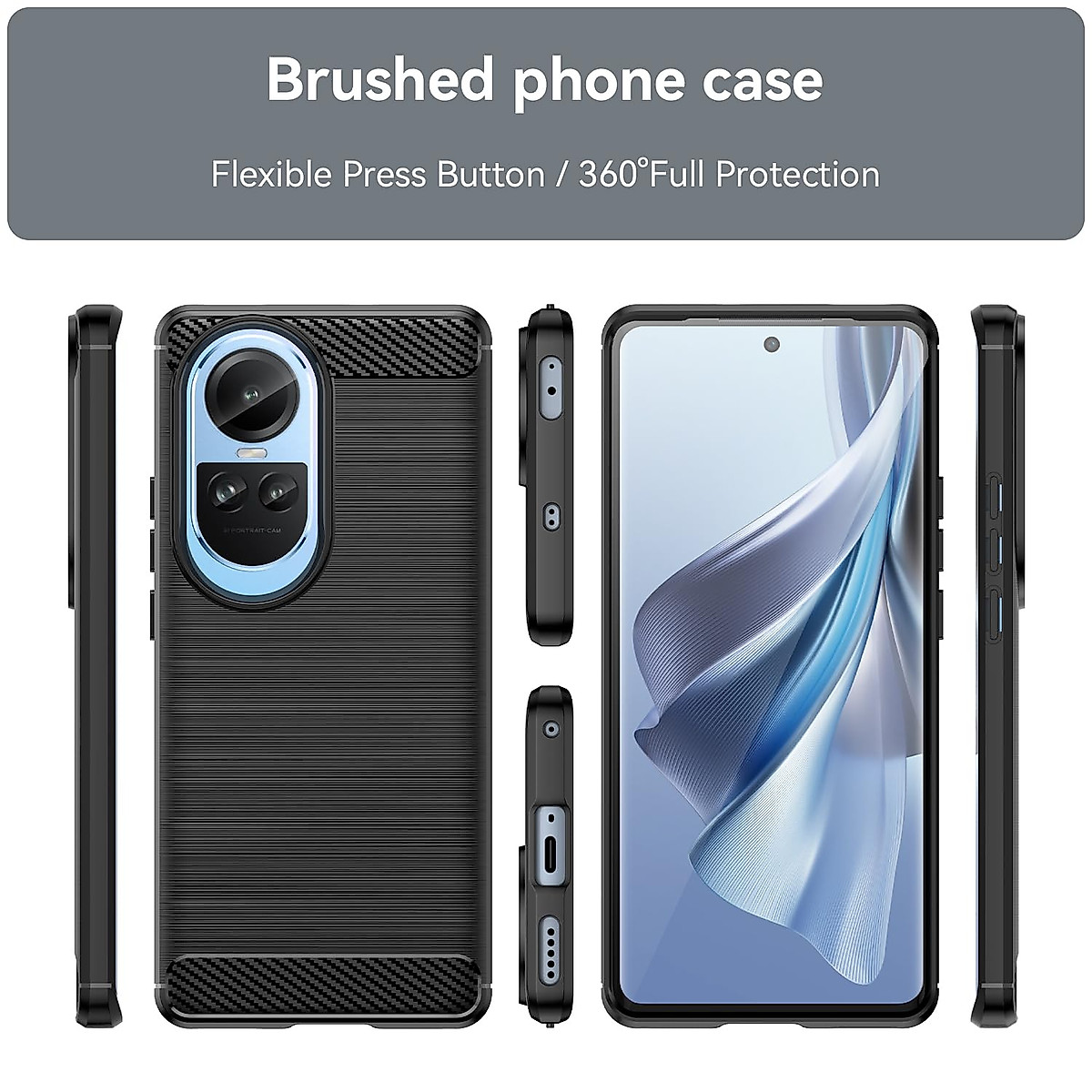 FZZSZS Case for Oppo Reno 10 Global + [2 Pack] Screen Protector Tempered Glass Protective Film,Black Carbon Fiber Shell Soft Silicone TPU Case Cover for Oppo Reno 10 Global (6.7")