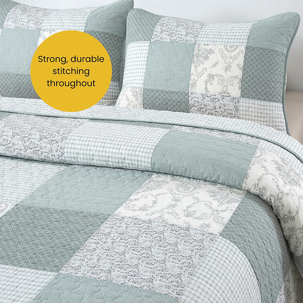 Soul & Lane Memory Lane 3-Piece Cotton Quilt Set - Queen Size with 2 Shams, Sage Green Patchwork Quilted Comforter, Lightweight Country Pieced Bedspread, Neutral Modern Farmhouse Bedding