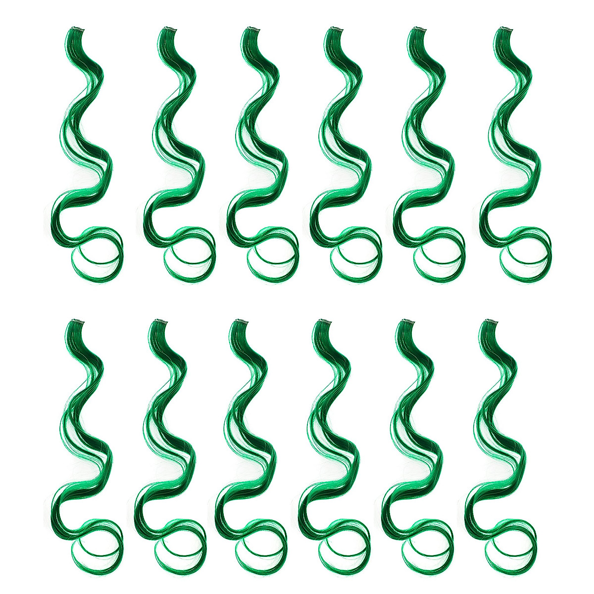 SWACC 12 Pcs Curly Wavy One Color Party Highlights Clip on in Hair Extensions Colored Hair Streak Synthetic Hairpieces (Green)