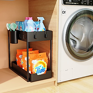 DEKYHOME Under Sink Organizer and Storage,Bathroom Organizer with 4 Hooks and 1 Hanging cup, Multi-purpose Storage Shelf for Bathroom Kitchen