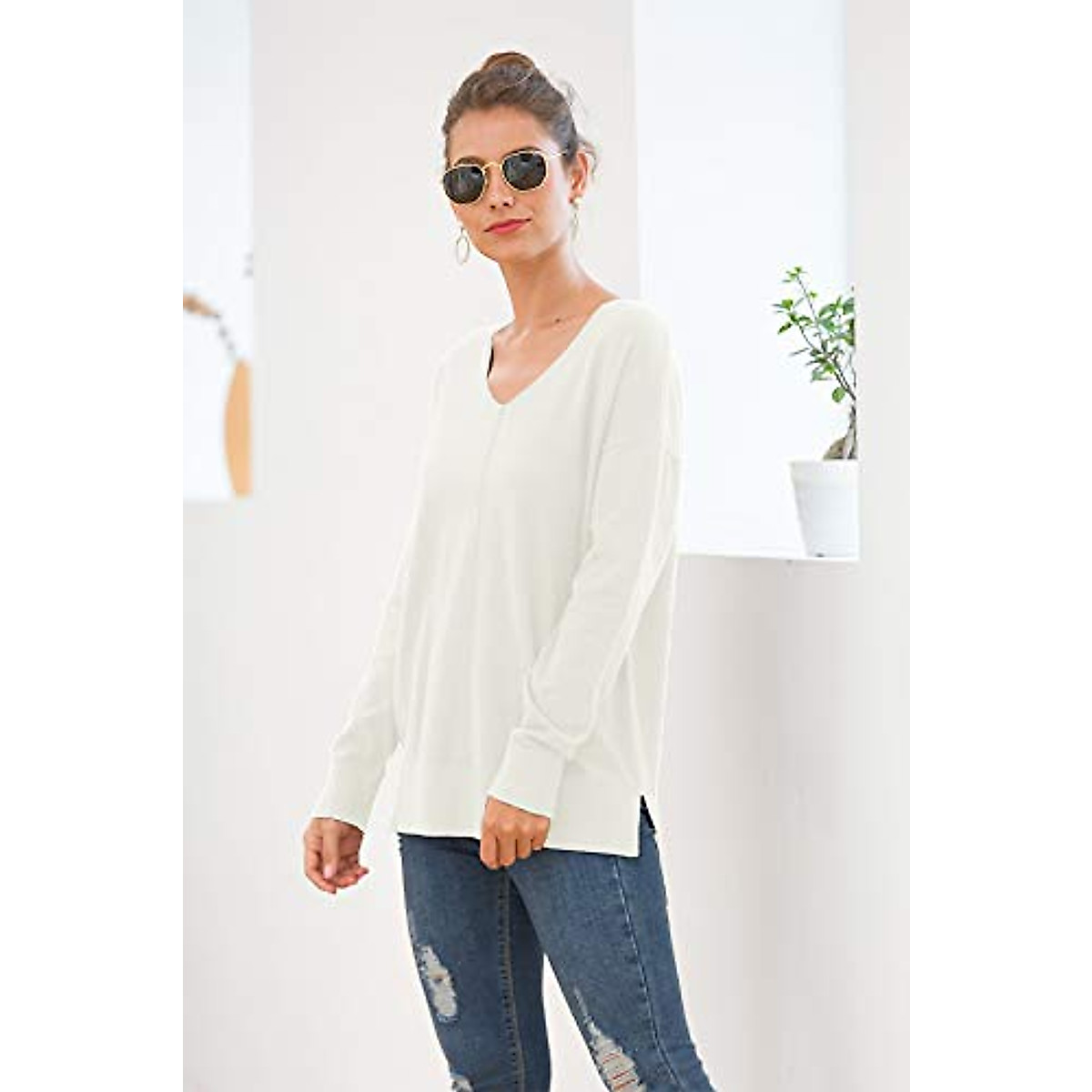 Jouica Women's Casual V Neck Long Sleeve Knit Top Loose Pullover Sweater,Beige White,Large