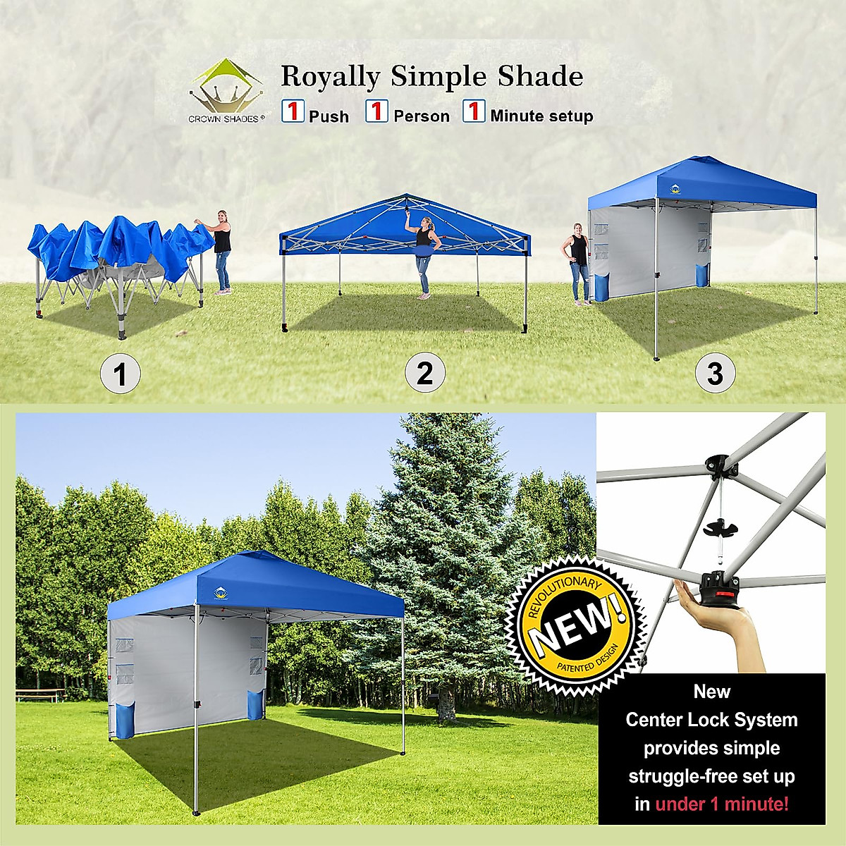 CROWN SHADES Canopy Tent 10x10 Pop Up Canopy Outdoor Shade with Pockets Sidewall, Easy Up Sun Shelter with One Person Set Up Center Lock, Portable Instant Camping Beach Canopy Tents, Blue