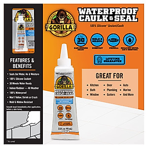 Gorilla Waterproof Caulk & Seal100% Silicone Sealant, 2.8oz Squeeze Tube, Clear (Pack of 1)
