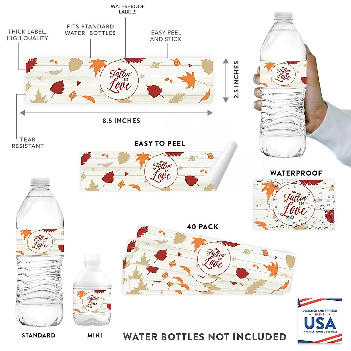 Andaz Press Fallin' in Love Autumn Fall Leaves Wedding, Water Bottle Labels, 20-Pack Fall Water Bottle Labels Wedding Water Bottle Labels Fall in Love Baby Shower Fall in Love Bridal Shower Favors
