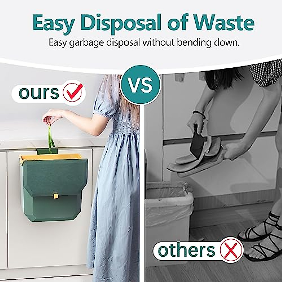 WOA WOA 2.4 Gallon Hanging Trash Can for Kitchen, Small Garbage Bin with Lid for Bathroom Bedroom, Mountable Cabinet Compost Bin Under Sink, Wall Mounted Waste Bucket - Green