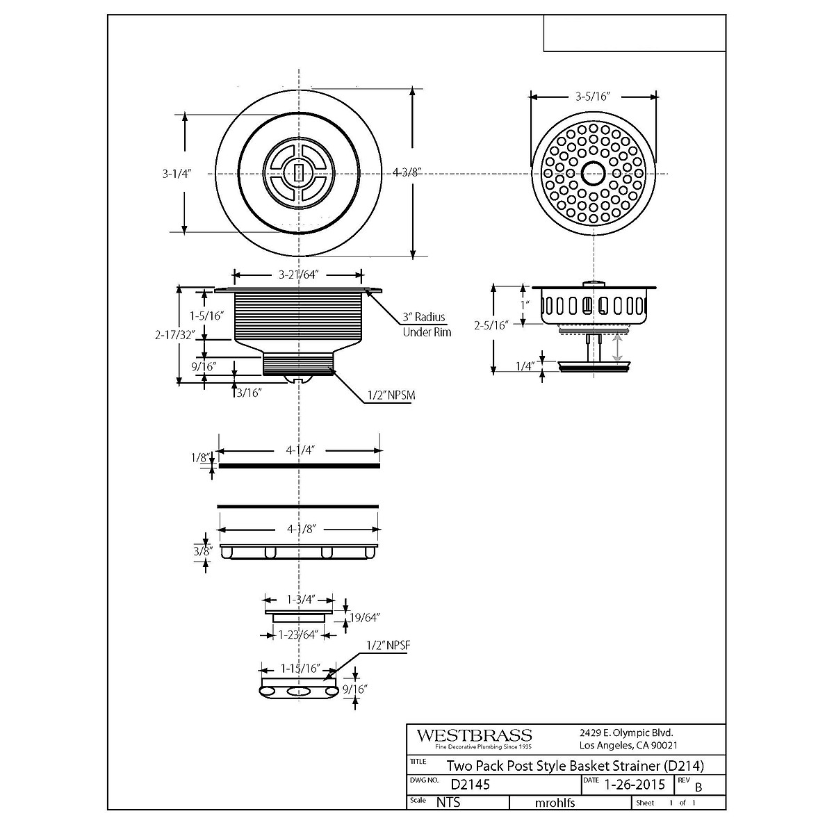 Westbrass A2145-62 3-1/2" Post Style Large Kitchen Sink Basket Strainer, Matte Black