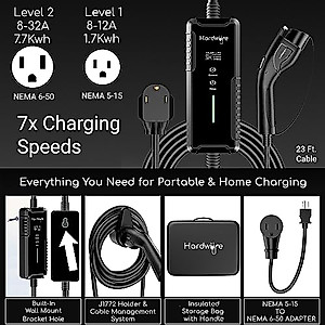 Hardwiire Level 2 & Level 1 Portable EV Charger | ETL Certified | 8-32 Amp Adjustable 110-240V | SAE J1772 Home/Portable Electric Vehicle Charger | NEMA 6-50P/5-15 to 6-50 Adapter | EV Car Charger