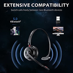 Tribit Wireless Headset with Microphone, Bluetooth 5.0 Cell Phone Headphone Qualcomm QCC3020, AI Noise Canceling & CVC 8.0 for Home Office, Mute Button 50H Talk time, USB-A Dongle for PC, CallElite81