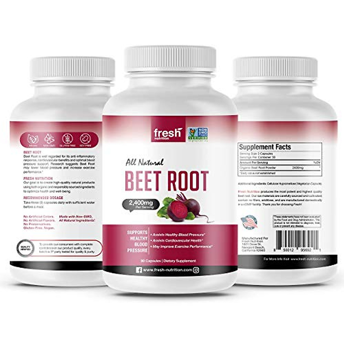 Fresh Nutrition Organic Beet Root Capsules - Strongest DNA Verified 2400mg Per Serving - Vegan Friendly, Non GMO, Gluten and Soy Free