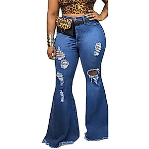 Maiyifu-GJ Women's Retro Ripped Flare Jeans High Waisted Bell Bottom Denim Pants Destroyed Raw Hem Wide Leg Jean Trousers (Dark Blue,5X-Large)