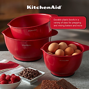 KitchenAid Universal Nesting Plastic Mixing Bowls, Set Of 3, 2.5 quart, 3.5 quart, 4.5 quart, Non Slip Base with Easy Pour Spout to Reduce Mess, Dishwasher Safe, Empire Red
