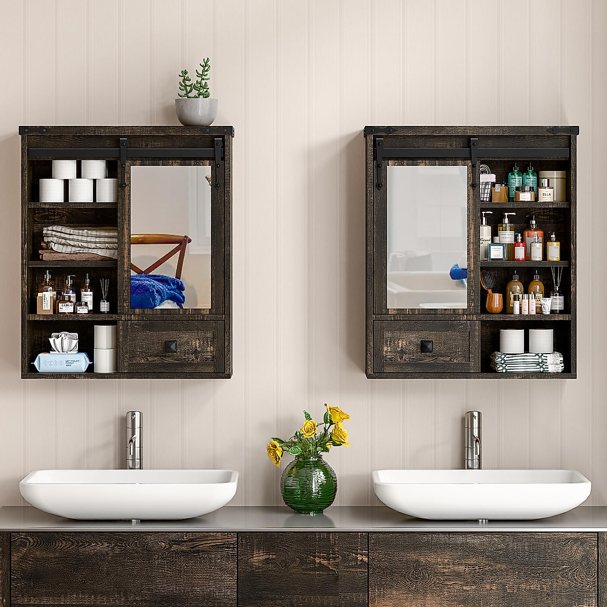 Bathroom Wall Cabinet, Farmhouse Medicine Cabinet with Sliding Mirror Door and Adjustable Shelves, Over The Toilet Space Saver Storage Cabinet with Towels Bar, Wall Mounted Cupboard