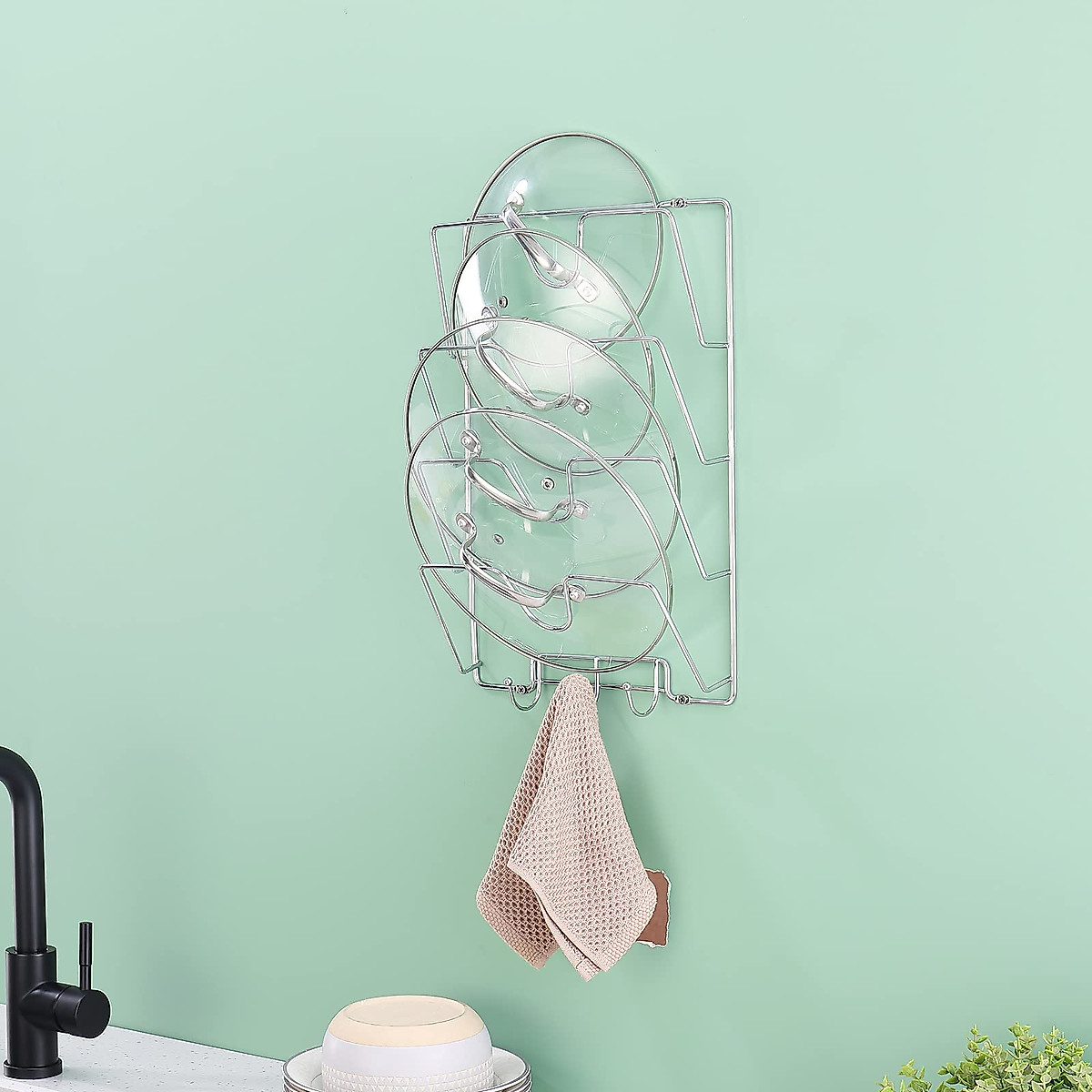 Qflushor Pot Lid Organizer Wall Mount, Kitchen Pot Lid Rack with Hook, Pot Lid Organizer for Cabinet, Pot Lid Holder with Adhesive Hooks, Chrome