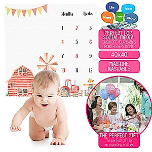 Farm Theme Baby Monthly Milestone Blanket, 48x40in Soft Flannel, Tractor and Barn Backgrounds, Newborn Mom Gifts, Baby Shower Age Growth Tracker with Bonus Maker BTWYFS76