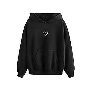 Milumia Girl's Cute Hoodie Heart Print Pocket Front Sweatshirts Drop Shoulder Casual Pullovers for Kid's Fall Outfits A Black