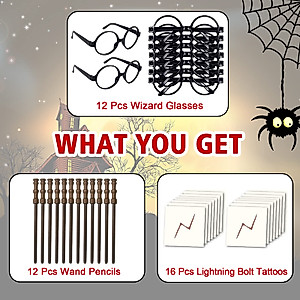 Wizard Theme Party Favors - Wand Pencils,Wizard Glasses with Round Frame No Lenses,Lightning Bolt Scar Temporary Tattoo for Magic Birthday/School Party Supplies ,Halloween Decor,12pcs each(36pcs all)