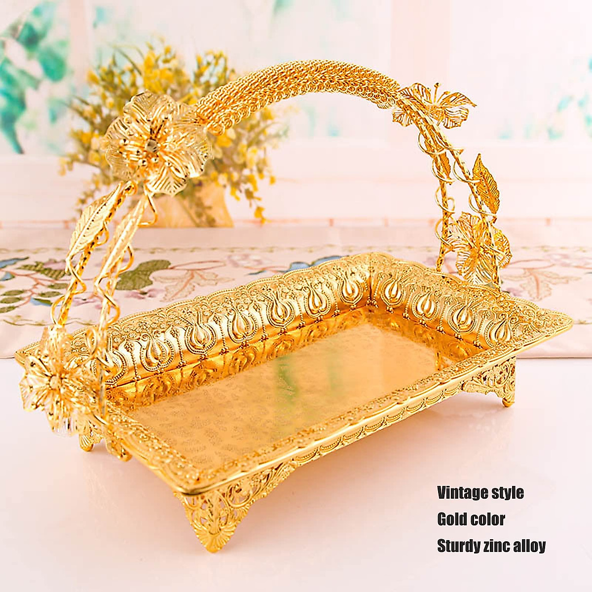 Pwshymi Coffee Serving Tray, Vintage Style Serving Tray Sturdy Zinc Alloy Elegant Metal Serving Gold Tray for Home Bar Cafe Kitchen Dining Entertaining Dinnerware Serveware Servi