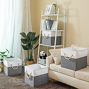Yawinhe Collapsible Storage Basket 4-Pack, Open Storage Cube Bins with Thick Rope Handles, for Organizing, Shelves, Toys, Clothes, Office, 12.6x12.6x12.6in, White/Grey, SNK033WG-4