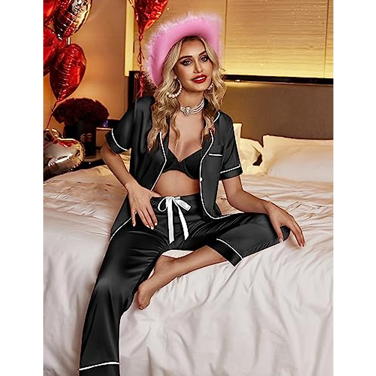 Ekouaer Womens 3 Piece Satin Silk Short Sleeve Sleep Shirt and Long Pants with Shorts Pajama Set, Black, Medium