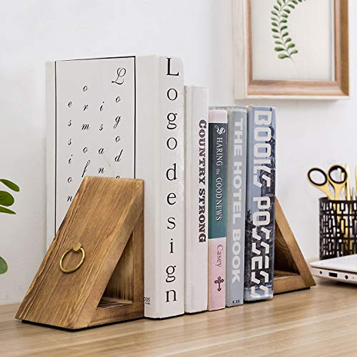 MyGift Rustic Burnt Wood Office Decor Bookends with Triangular Design, Decorative Wooden Bookend Book Stand with Brass Tone Ring Accent, 1 Pair