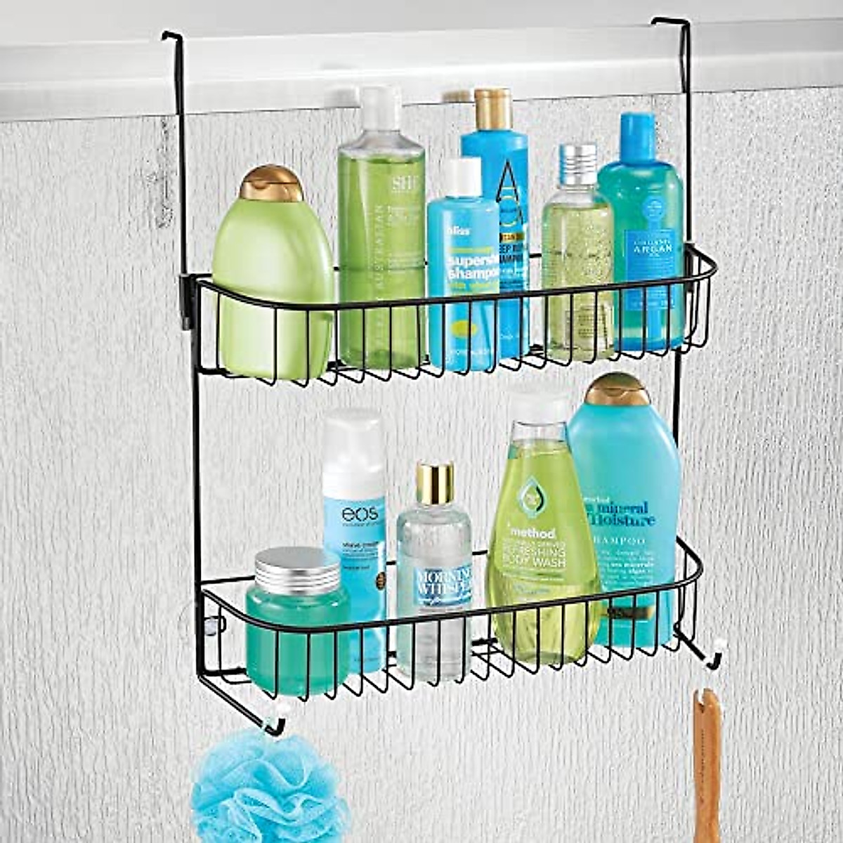 mDesign Extra Wide Metal Wire Over the Bathroom Shower Door Caddy, Hanging Storage Organizer with Built-In Hooks and Baskets on 2 Levels for Shampoo, Body Wash, Loofahs, Rust Resistant - Matte Black