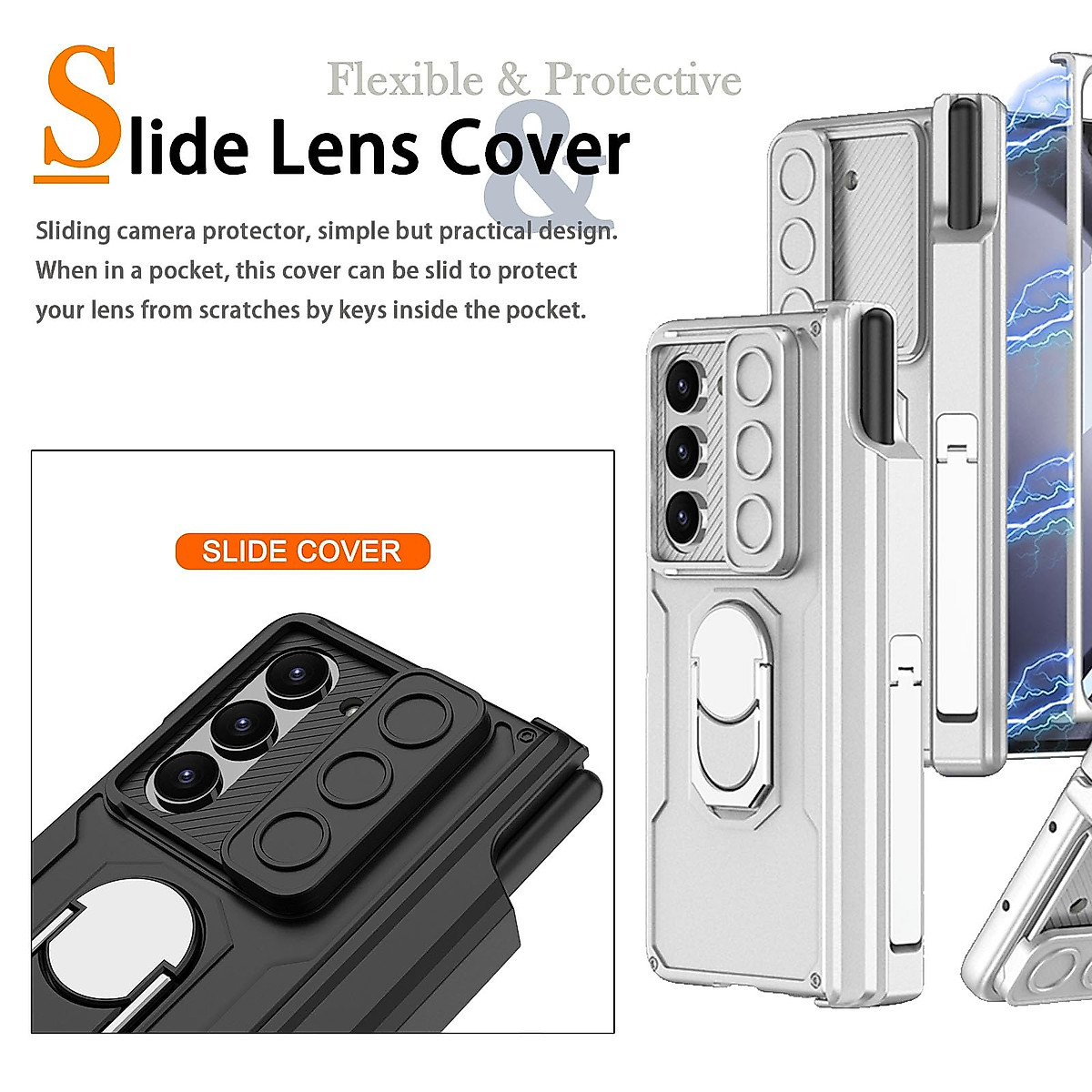 Miimall Compatible for Samsung Fold 5 Case Cover with Pen Holder, [Front Screen Protector] [Sliding Camera Cover ] Military Grade Anti-Scratch Bumper Case for Samsung Galaxy Fold 5 5G (Elegant Silver)