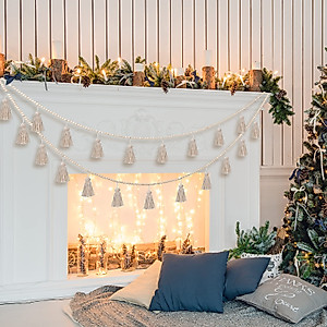 Boho Decor Wooden, 9.8ft Wood Bead Garland with Tassels Bobo Wall Hanging Farmhouse Home Decor Rustic Country Holiday Decoration