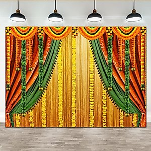 Lofaris India Pooja Photography Backdrop Puja Ganpati Pooja Traditional Mehndi Festival Background Diwali Decorations Wedding Party Marigold Garlands Photo Props 7x5ft