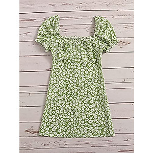 Verdusa Girl's Floral Print Puff Sleeve Square Neck Short A Line Dress Mint Green 10Y