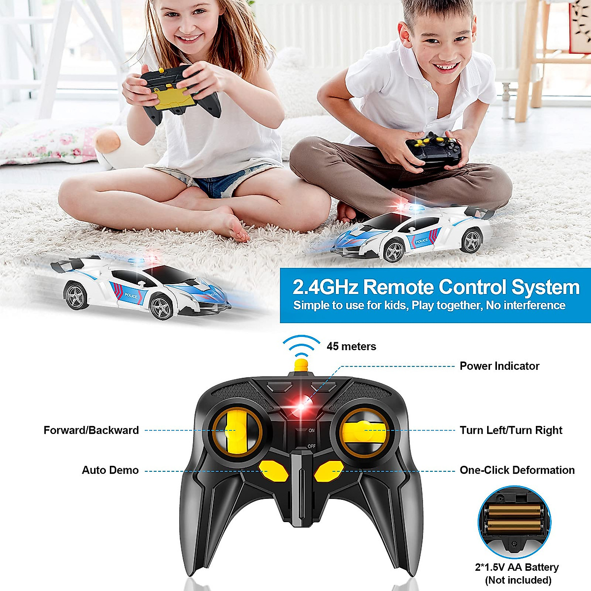 CEGOUFUN 1:18 Scale Transform RC Car Robot for Kids, Remote Control Car with One Button Deformation, 2.4Ghz Remote Control Police Toy Car with 360 Degree Drifting, Great Toys Gift for Boys Girls